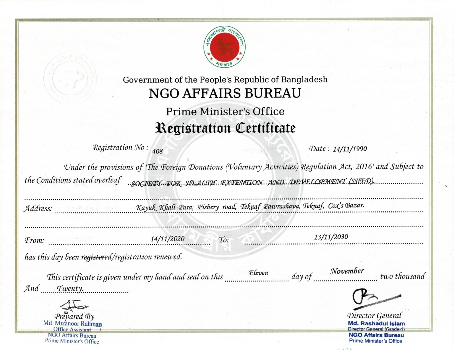 Registration Certificates – Society for Health Extension and Development